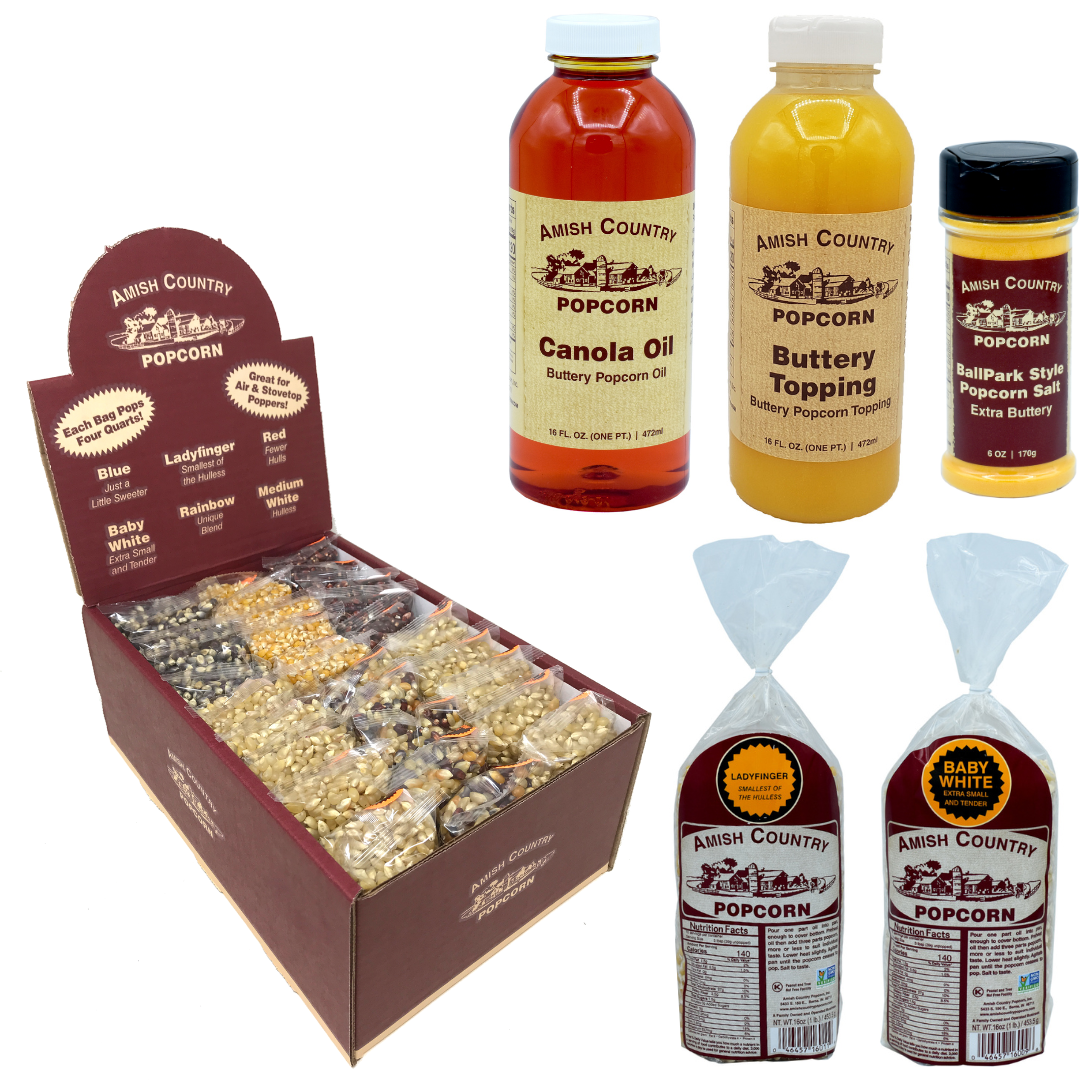 One 30/4oz Sampler, Two 1 Pound Bags of Popcorn, Two Oils and One Salt